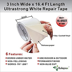 Dulepax White Repair Tape.Waterproof Patch and Seal Tape,Tent Repair Tape,RV Awning Repair Tape,Tarp Repair Tape Etc.3 x 16.4ft