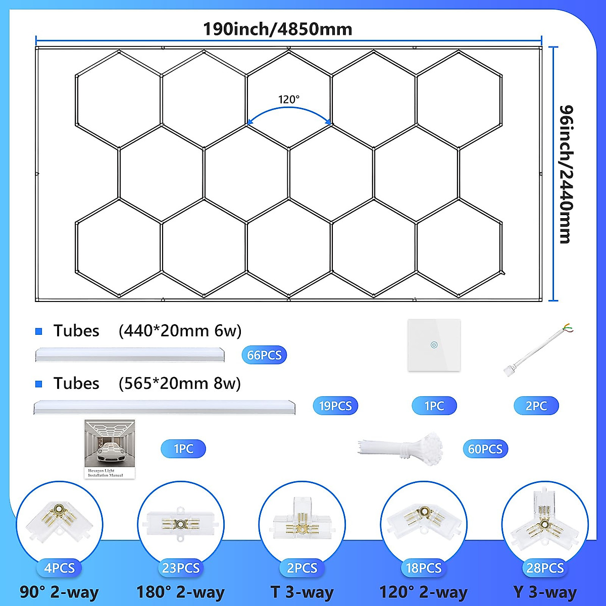 ALLYES Hexagon Ceiling LED Light - Hexagon Garage Light 552W 66240LM High Brightness, 3000K/4500K/6500K Adjustable with WiFi Smart Switch, Aluminum Hex Grids Lights for Car Dealer, Shop, Gym