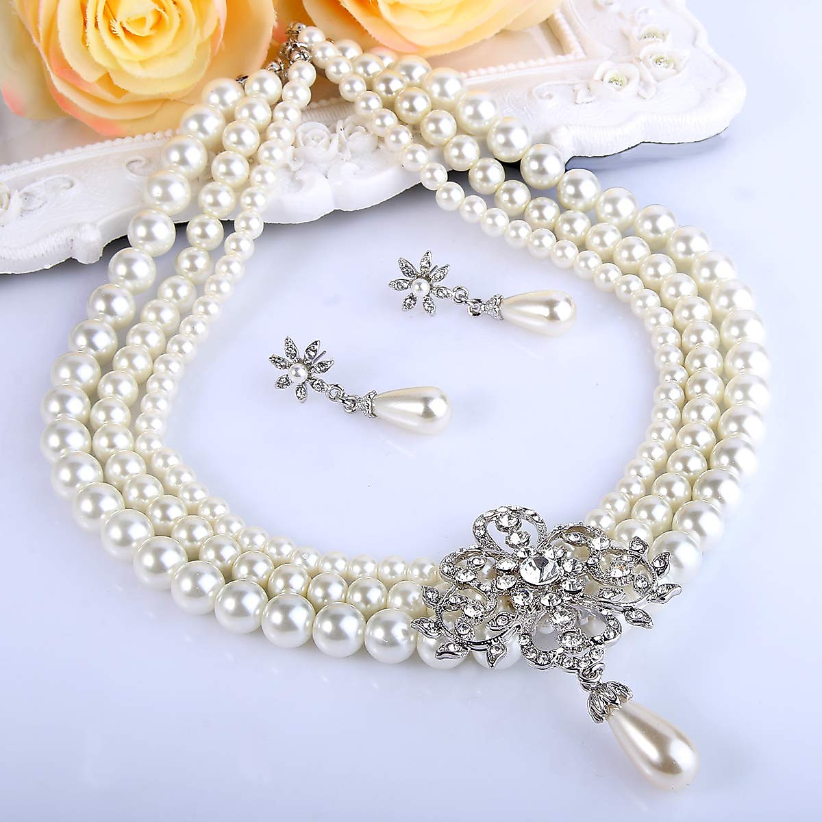 EleQueen Women's Silver-Tone Ivory Simulated Pearl Crystal Victorian Style Statement Necklace Earrings Bridal Wedding Sets