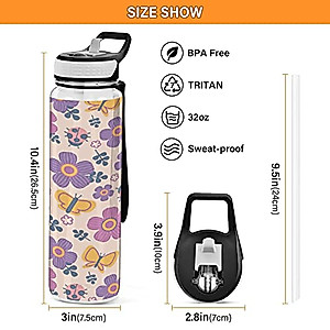 Wusikd Flowers Butterflies Water Bottle Tritan BPA-Free Drink and Straw Leakproof Motivational Ladybug Drinking Water Bottles with Carrying Strap for Office, Gym, Outdoor Sports
