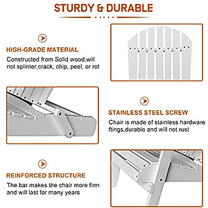 Adirondack Chair Weather Resistant Patio Chairs Folding Outdoor Chair w/Long Arms Solid Wooden Heavy Duty Reclining Fire Pit Chair for Deck, Lawn, Backyard, Garden Set of 2- White