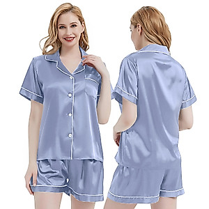 NANJUN Womens Silk Satin Pajamas Short Sleeve Sleepwear Bride Soft Button Down Loungewear 2 Piece Pjs Set XS-3XL(Y2K-Blue, M)