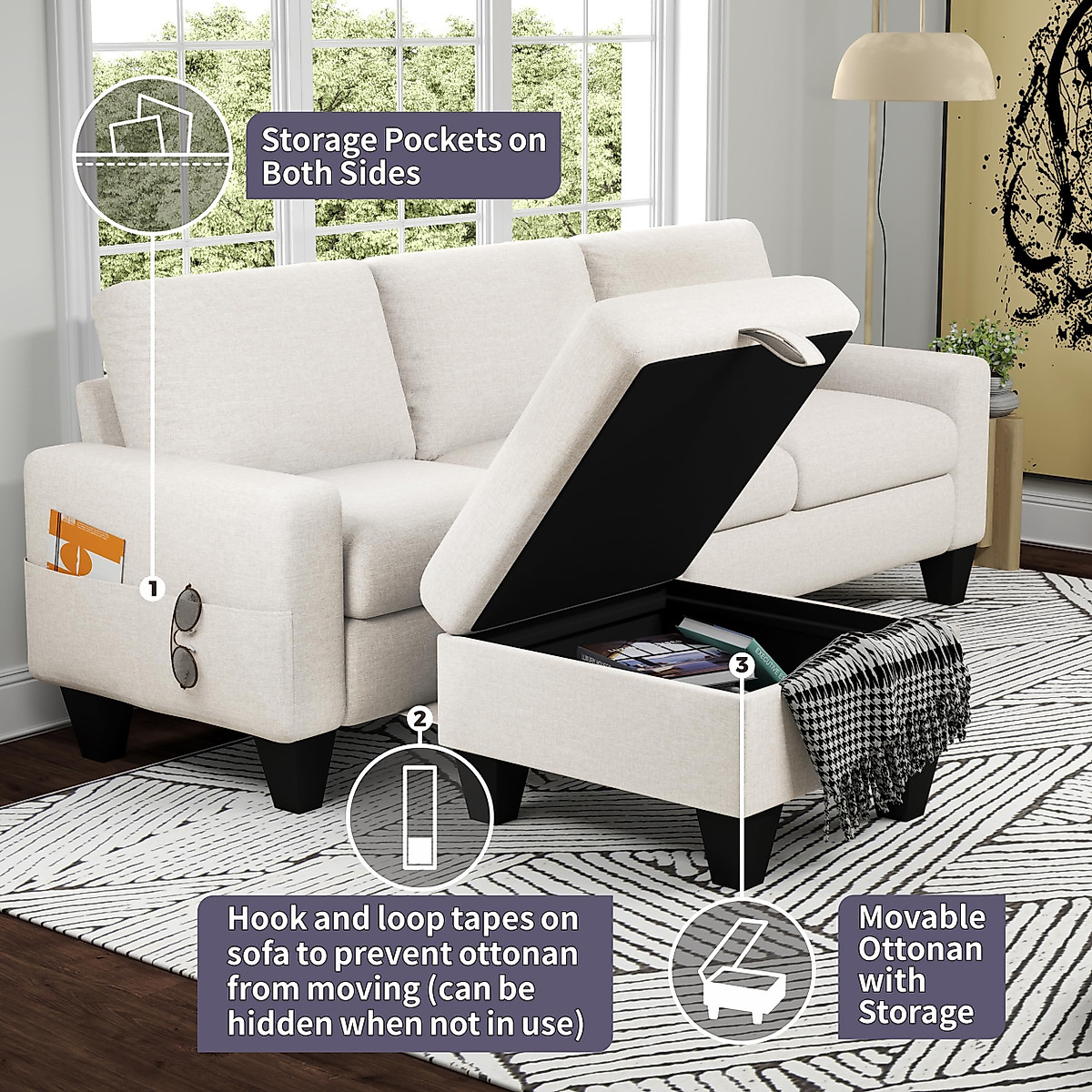 Yattem Convertible Sectional Sofa Couch：Modern L-Shaped Sofa Couches with Reversible Storage Ottoman & Side Storage Pockets - 3-Seat Beige Linen Sofa Couch for Living Room/Apartment/Studio/Small Space