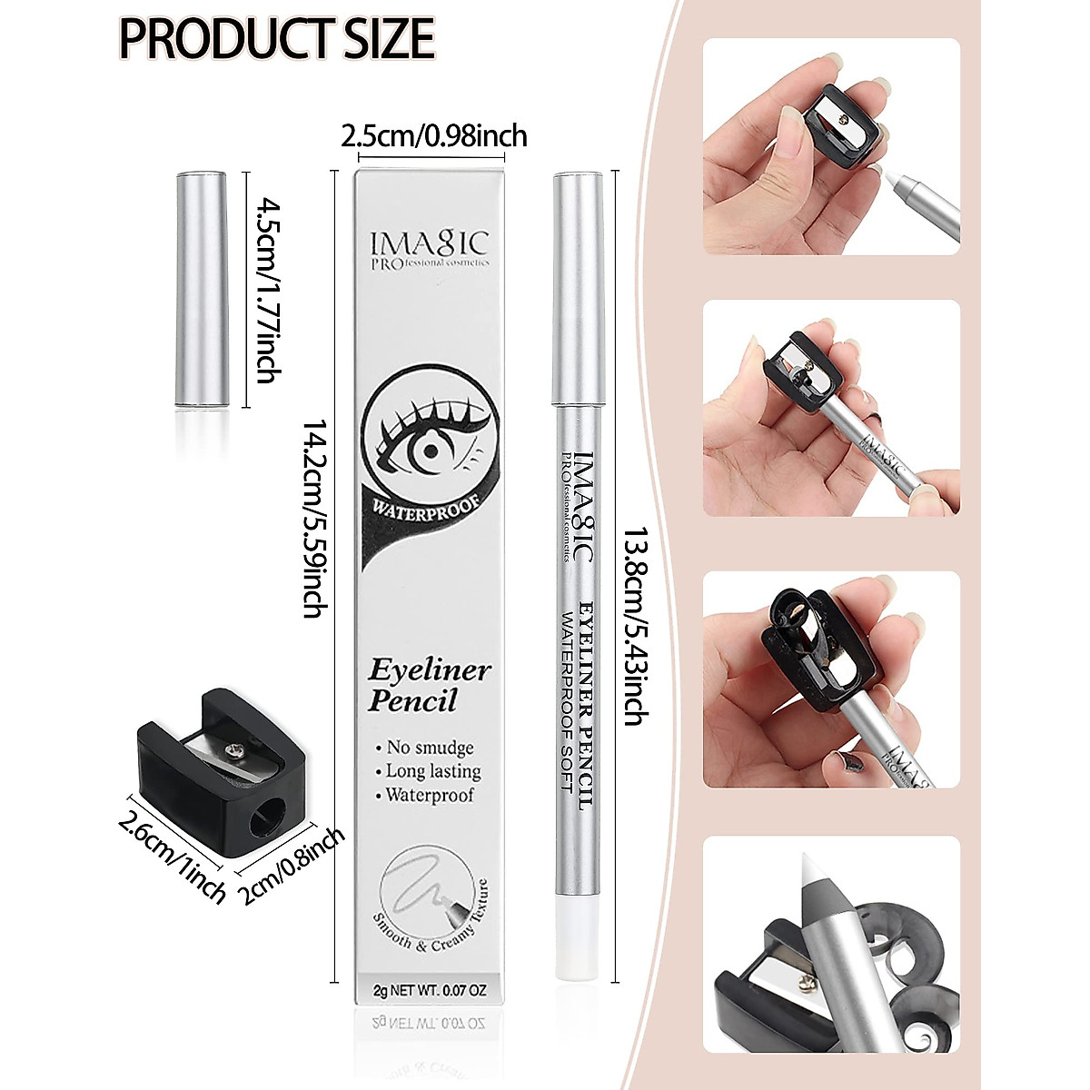 White Waterproof Gel Eyeliner Pens, Highlighter Eye Liner Pencil, Matte Long Lasting Super Smooth formula White Eye Liner Eyeshadow Makeup Pen, Polished White Luster, with Pencil Sharpener-1Pcs