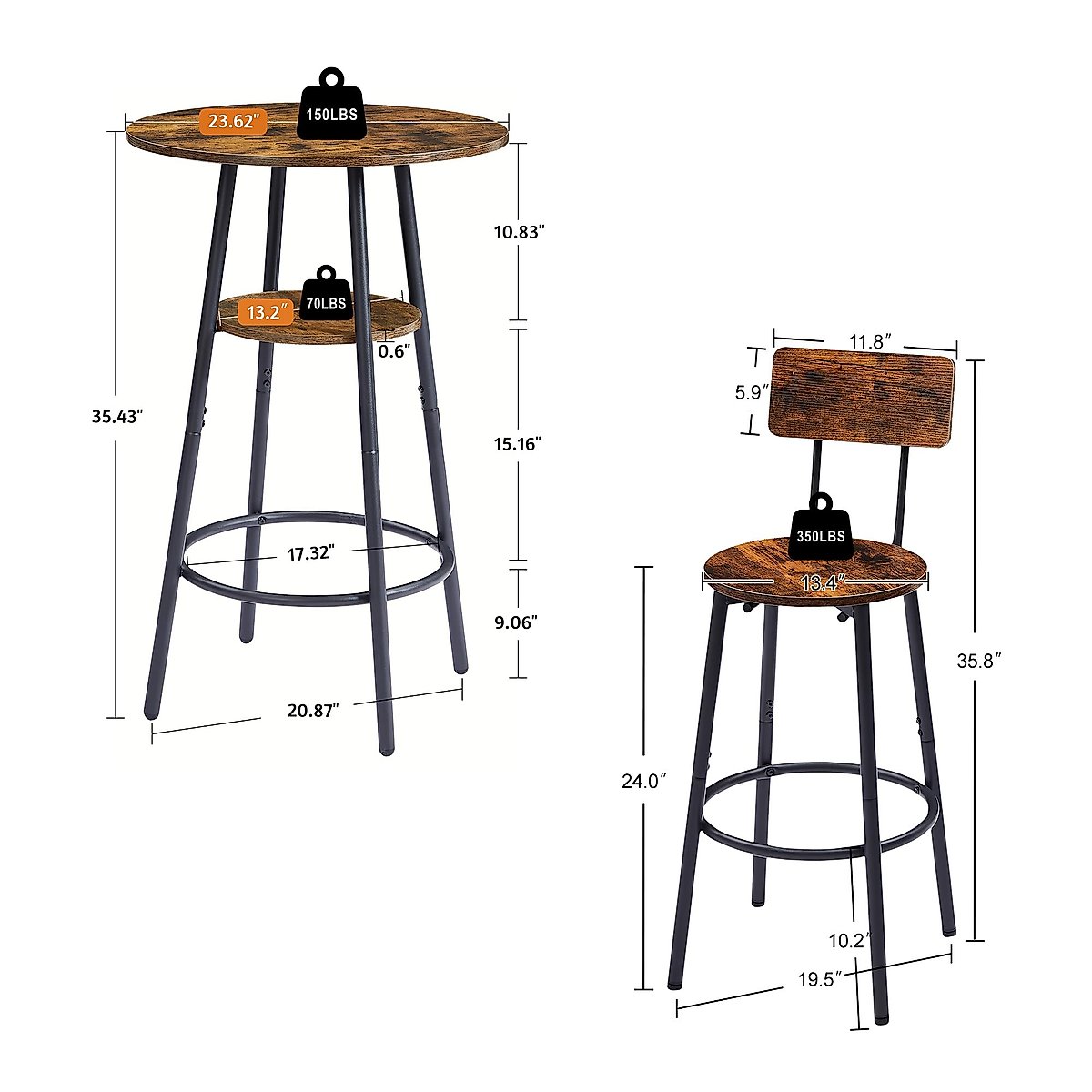 Tiokop Bistro Set of 2, Pub High Top Round Table and Chairs Upholstered Cushion, Storage Shelf and Backrest, 3-Piece Bar Stool Set for Breakfast Nook, Rustic Brown