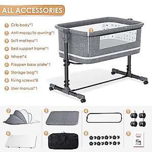 Ixdregan 3 in 1 Baby Bassinet - Baby Bedside Bassinet with Wheels and Mosquito Net, Included Storage Bag & Adjustable Height, Upgrade Thickened Cushion Baby Bedside Crib for Newborn Infant (Grey)