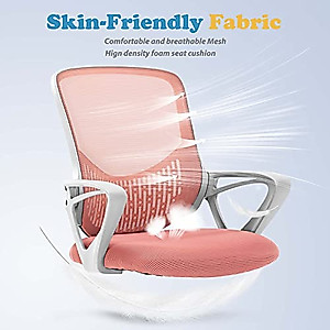 Home Office Chair - Ergonomic Computer Chair with Height Adjustable Swivel Chair Mesh Chair with Fixed Armrests and Soft Lumbar Support, Pink