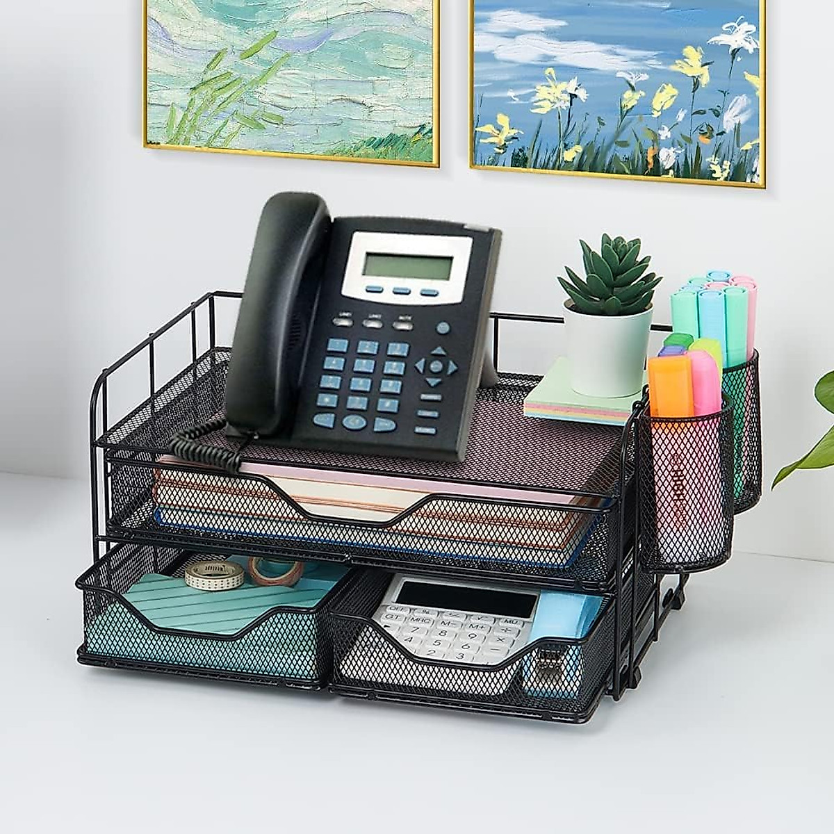 Youbetia Black Minimalist Desk Organizer with 3 Drawer, 2 Pen Holder, 2 Tier Letter Tray, Upper Display Rack, for Office Supplies