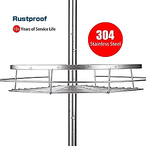 Rosefray Shower Caddy Tension Pole, 304 Stainless Steel Corner Shower Shelf with 4 Big Adjustable Baskets, 6 hooks, Adjustable Height from 3.7 to 9ft