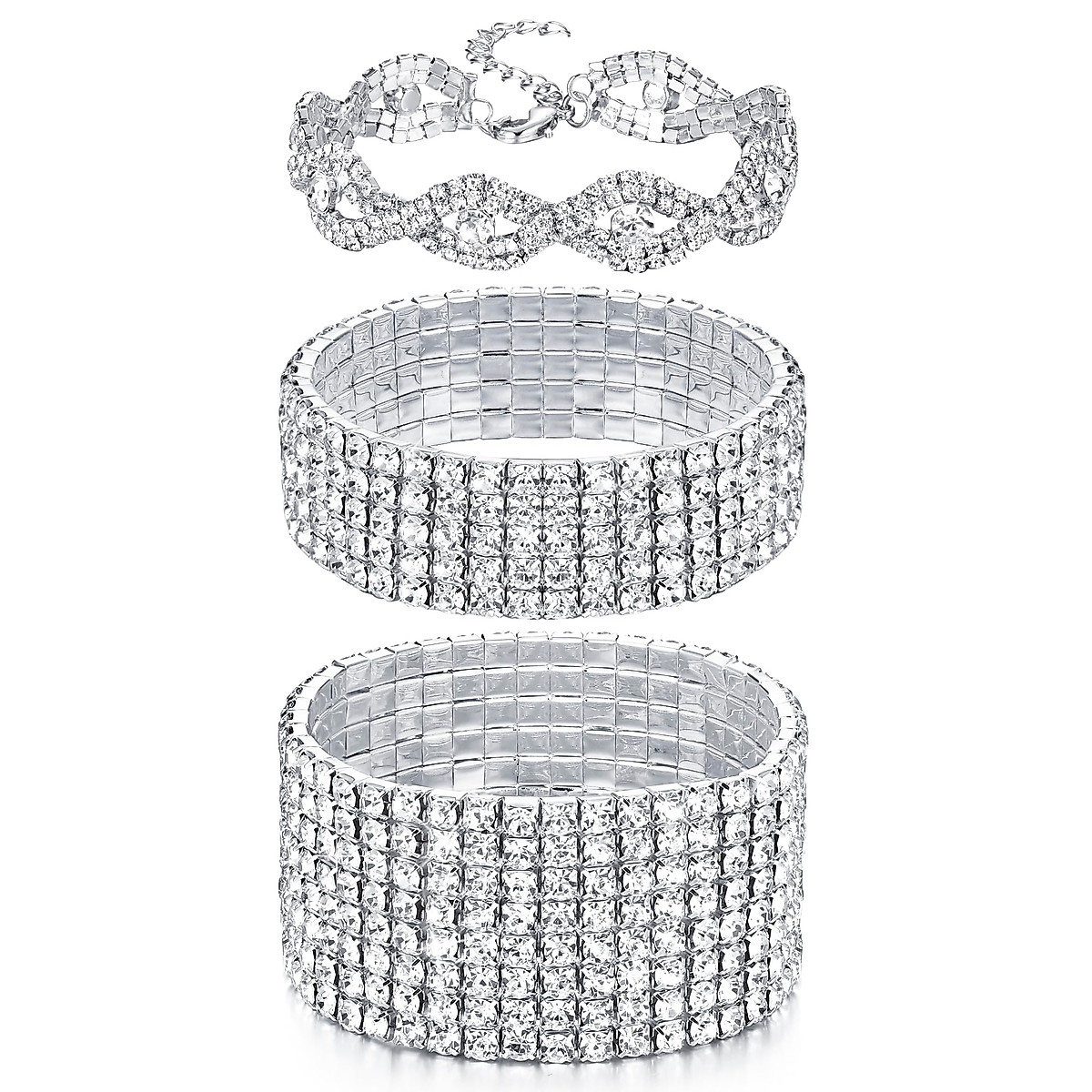 FIBO STEEL 3 PCS Rhinestone Stretch Bracelets for Women Bridal Sparkly Wedding Strand Tennis Bracelet Set Silver-Tone