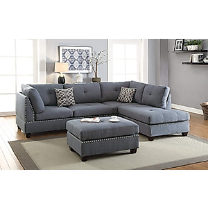 Poundex Bold and Beautiful 3-Piece Sectional Sofa Grey w/Silver Studs