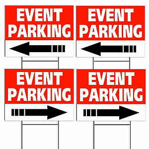 4 PC Event Parking Signs with Arrows - 16 x 12 Double Sided Coroplast Parking Signs for Event - Wedding Parking Signs with Stake - Event Parking Sign Red