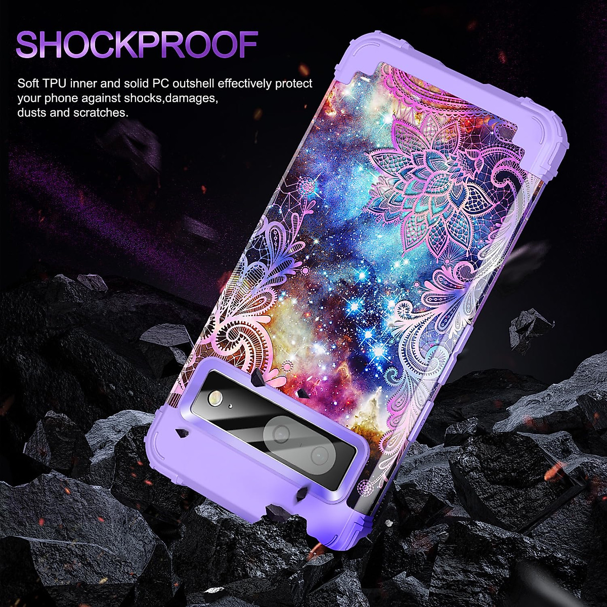Uamark for Google Pixel 7 Case,Three Layer Heavy Duty Shockproof Full Body Protective with 2 Tempered Glass Screen Protector+2 Camera Lens Protector Case for Google Pixel 7 5G(2022),Purple Mandala
