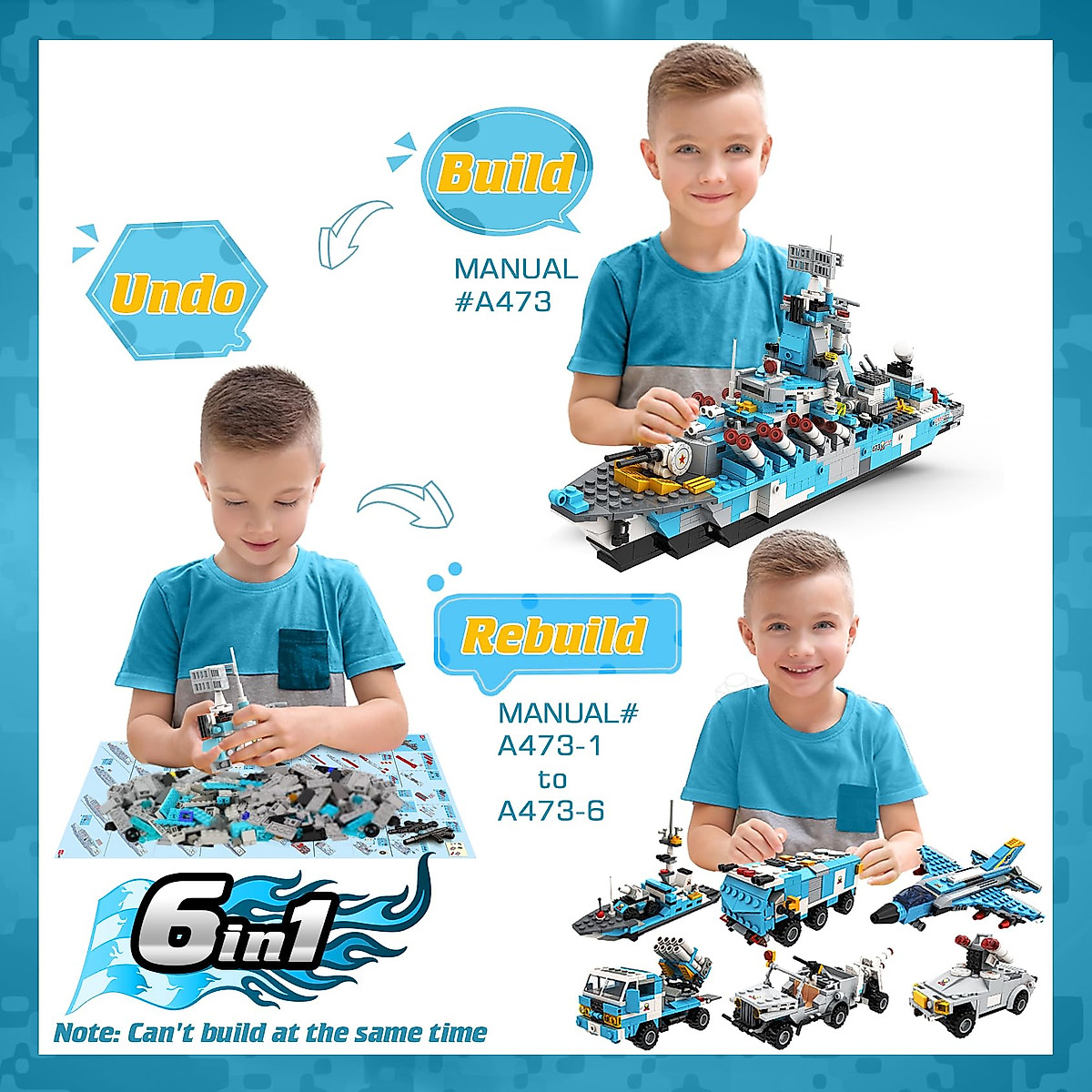 WishaLife 6 IN 1 City War Military Battleship Toy Building Blocks Set, with Army Truck Toys, Car Toys, boat Toy, Airplane Toy, Helicopter Toy, WW2 Construction Toys Gift for Kids Boys Girls Age 6 Plus