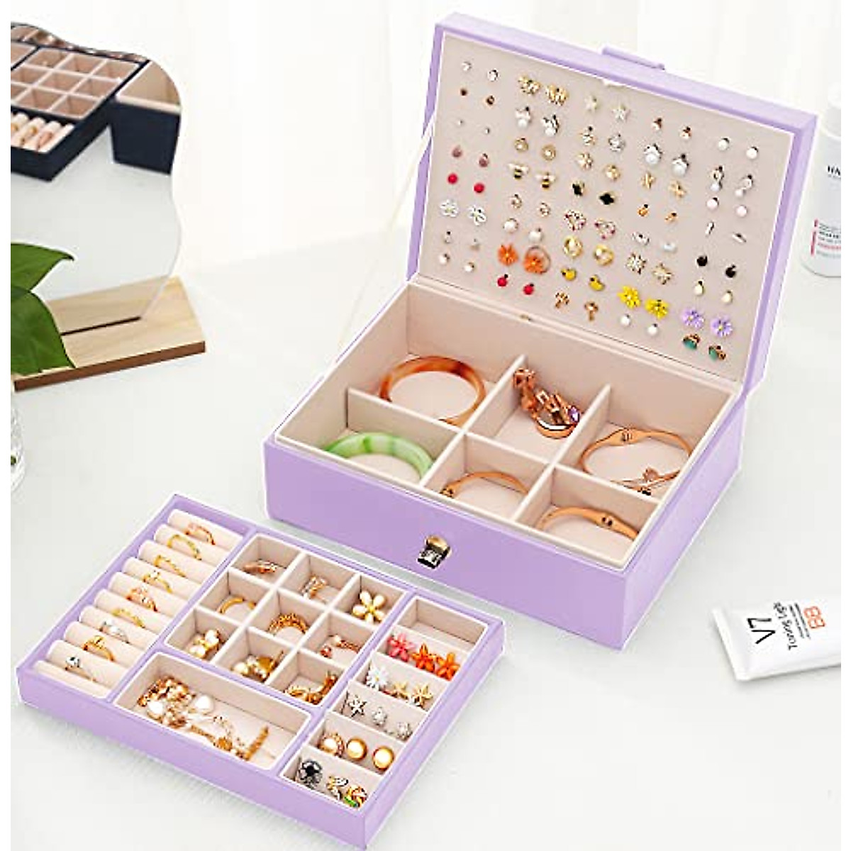 QBestry Stud Earring Organizer for Girls Purple Jewelry Box for Earrings Necklace Jewelry Organizer,Girls Earring Box for Womens Necklace Holder Rings Organizer Bracelet Earring Storage Case,Purple