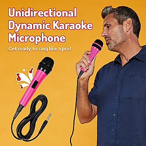 Singing Machine Wired Microphone for Karaoke, (Pink) - Unidirectional Dynamic Vocal Microphone - Plug-In Microphone for Karaoke Machine, AMP, & Speaker - Mic for Singing, Public Speaking, & Parties