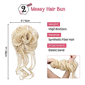 HOOJIH Messy Bun Hair Piece, 2PCS Tousled Updo with Tendrils Hair Bun Extensions Wavy Curly Hair Wrap Ponytail Hairpieces Thick Hair Scrunchies for Women HB010 Dasiy - Cool Light Blonde