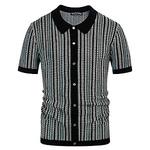 PJ PAUL JONES Retro Knitted Polo Shirt for Men 1950s Italian Stripes Shirt Short Sleeve Button Down Knit Polos Collared Knit Cardigan Sweater Black Grey