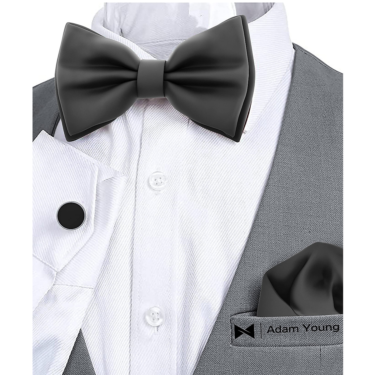 Adam Young Men's Bow Ties with Handkerchief & Cufflinks Pre-Tied Style Formal Satin Classic Bowtie for Tuxedo Faux Silk