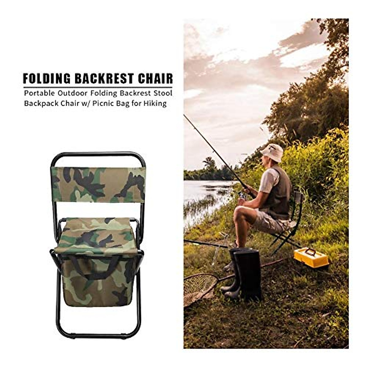 TRENTSNOOK Exquisite Camping Stool Portable Backpack Stool Folding Backrest Chair Environmental Protection and Durability with Bag Camo for Outdoor Fishing