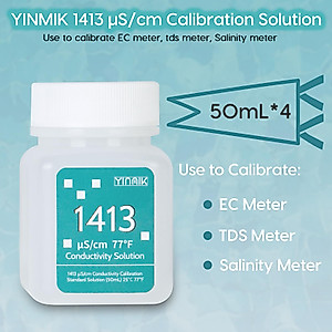 YINMIK 1413 μS/cm Calibration Solution, Conductivity Salt Standard Buffer Solution for 5 in 1 Salinity Tester, EC Meter, TDS Meter, 7 in 1 Multi-Parameter Tester Calibration, 4 Bottles of 50mL