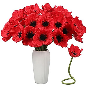 42 Pcs Artificial Poppy Flowers PU Real Touch Poppy Silk Flowers 11 Inch Poppy Anemone Stems Fake Flowers Table Centerpiece for Home Wedding Memorial Day Decor (Red)