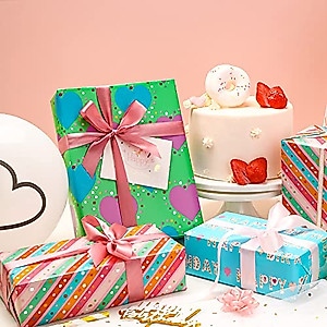 LeZakaa Birthday Wrapping Paper Roll - Mini Roll - Happy Birthday Lettering/Heart/Stripe Design for Boy, Kids Gift Wrapping - 17 x 120 inches, 3 Rolls (42.5 sq.ft.ttl.)