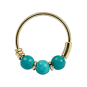 PiercingPoint 9KT Solid Yellow Gold Triple Turquoise Beads 22 Gauge (0.6MM) - 5/16 (8MM) Length Hoop Nose Ring