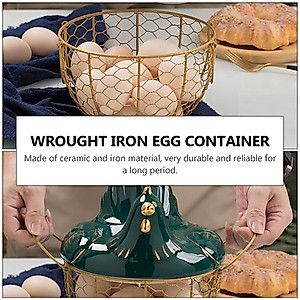 Hemoton Metal Wire Egg Basket Chicken Egg Storage Skelter Basket with Ceramic Farm Chicken Cover Egg Holder Organizer Container