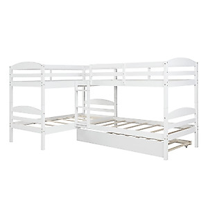 Harper & Bright Designs Quad Bunk Bed with Trundle, L Shaped Bunk Bed for 4 Kids, Wooden Twin Bunk Bed Frame for Kids Teens Adults - White