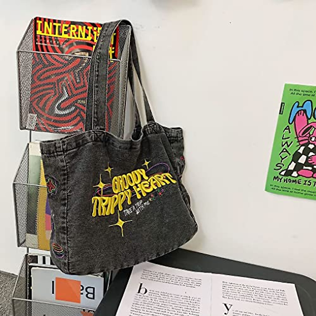 Embroidered Canvas Tote Bag, Denim Shoulder Bag With Zipper, Large Capacity Wallet, Denim Canvas Tote Bag (Black)