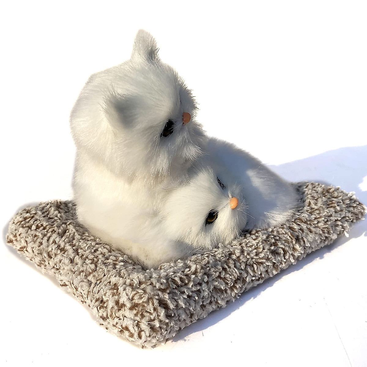 2 in 1 Simulation Furry Kittens Realistic Couple Cats on Rug/Home Shelf Car Decorative Statue - Pad Filled with Activated Carbon Beads (White)