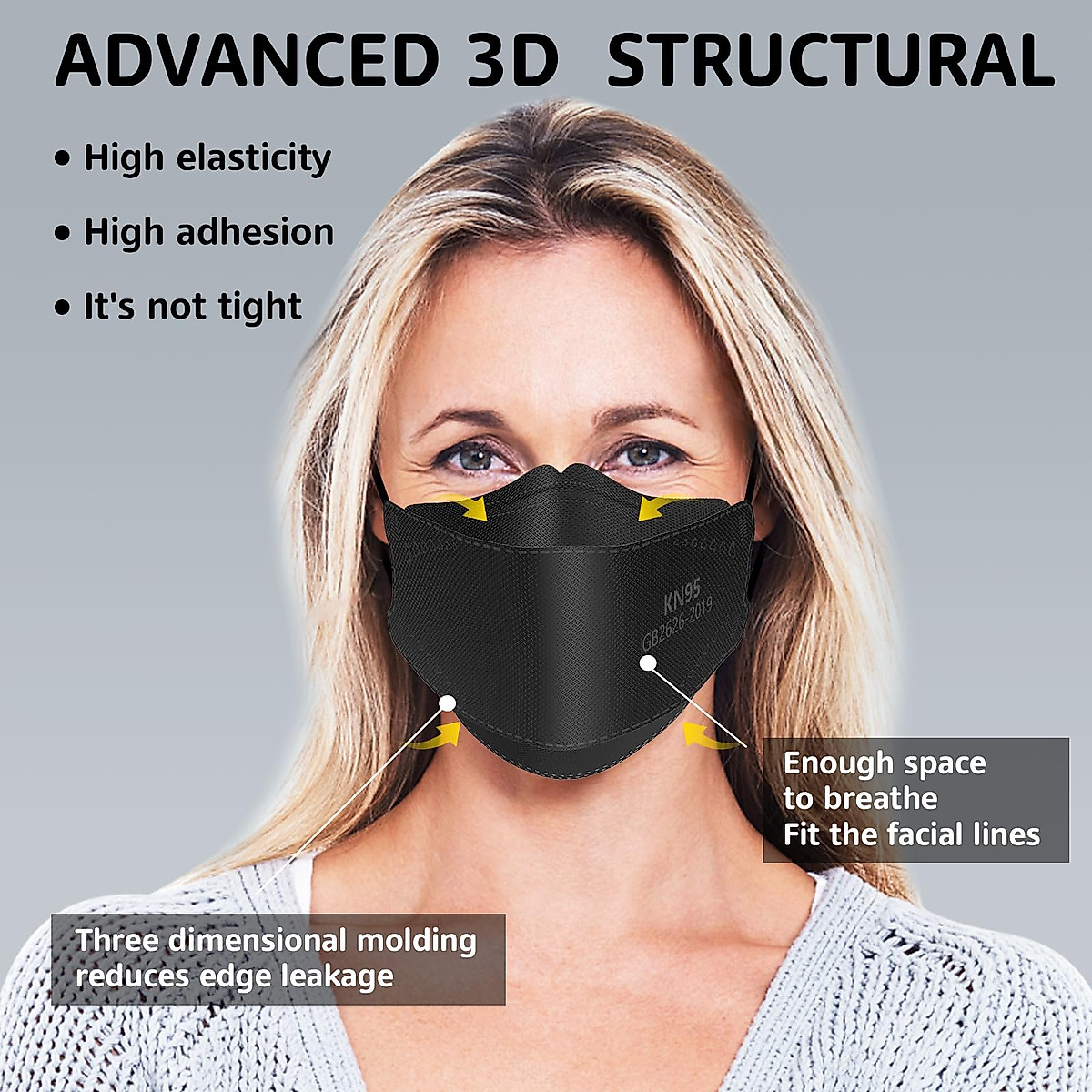 HIWUP KN95 Face Masks 50 Pack, Breathable Comfortable and Disposable KN95 Mask, Black