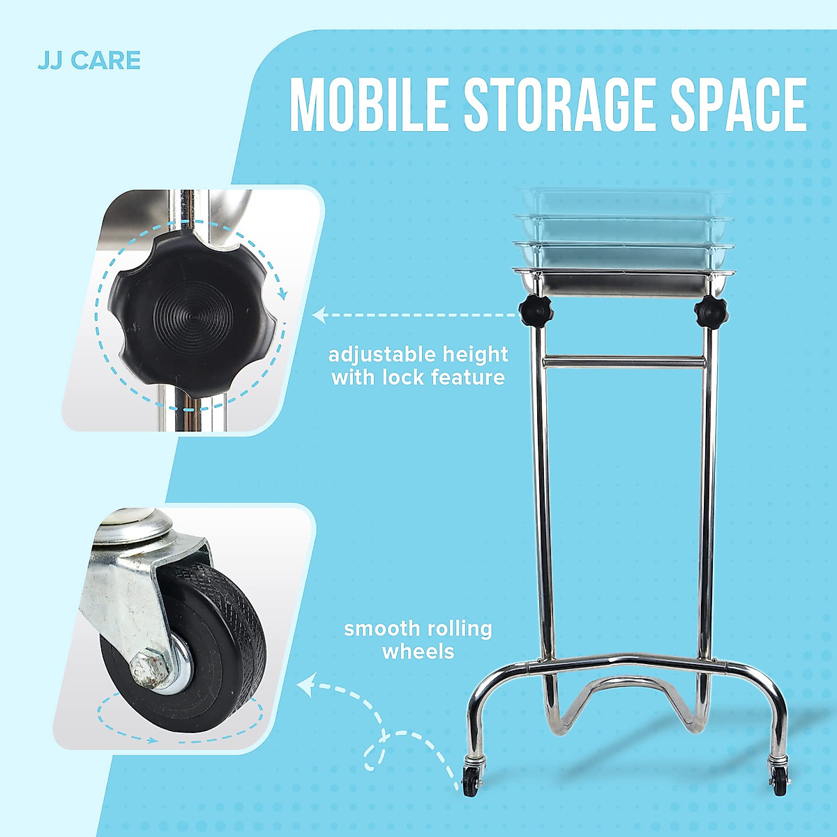 JJ CARE Mayo Stand [17Lbs Weight Capacity] - Stainless Steel Mayo Tray, Adjustable Height Medical Mayo Stand with 2 Nylon Caster Wheels, Surgical Tray, Tattoo Tray, Mayo Stands