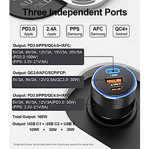 160W USB C Car Charger Fast Charging Cigarette Lighter PD3.0 100W PPS 45W QC5 30W Type C Car Charger for MacBook Pro Air Laptop iPad iPhone 14 13 12 Pro Samsung S23 S22 (with 100W USB C Cable)