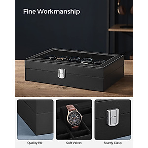 SONGMICS Watch Box, 12-Slot Watch Case with Large Glass Lid, Removable Watch Pillows, Watch Box Organizer, Gift for Loved Ones, Black Synthetic Leather, Black Lining UJWB012B01