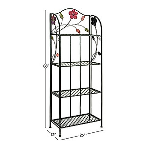 Deco 79 Metal Floral Indoor Outdoor Tall Folding 4 Shelf Bakers Rack, 25" x 12" x 68", Black