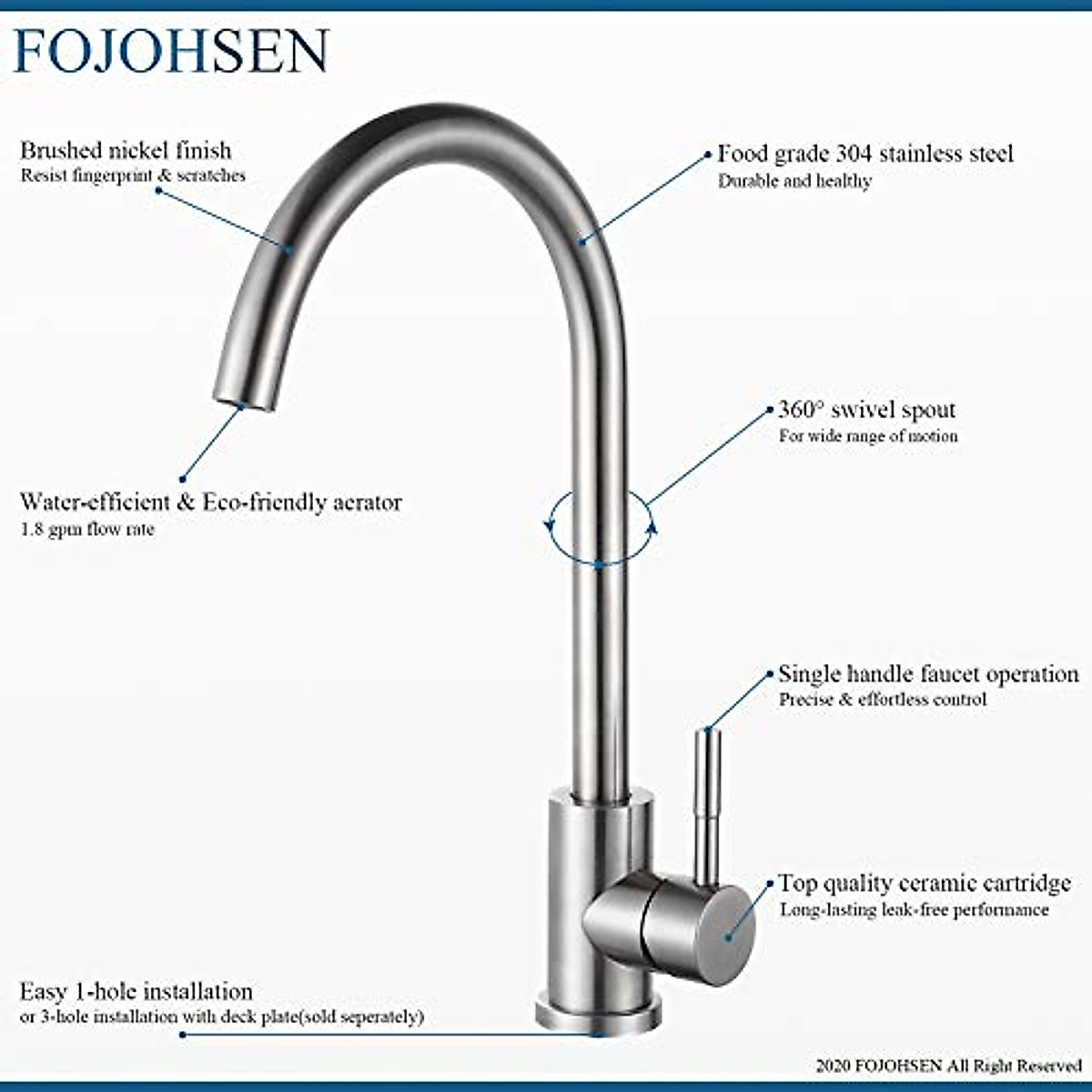 FOJOHSEN Kitchen Faucet Stainless Steel 360 Degree Swivel Single Handle One Hole,Kitchen Sink Faucet (Brushed Nickel)