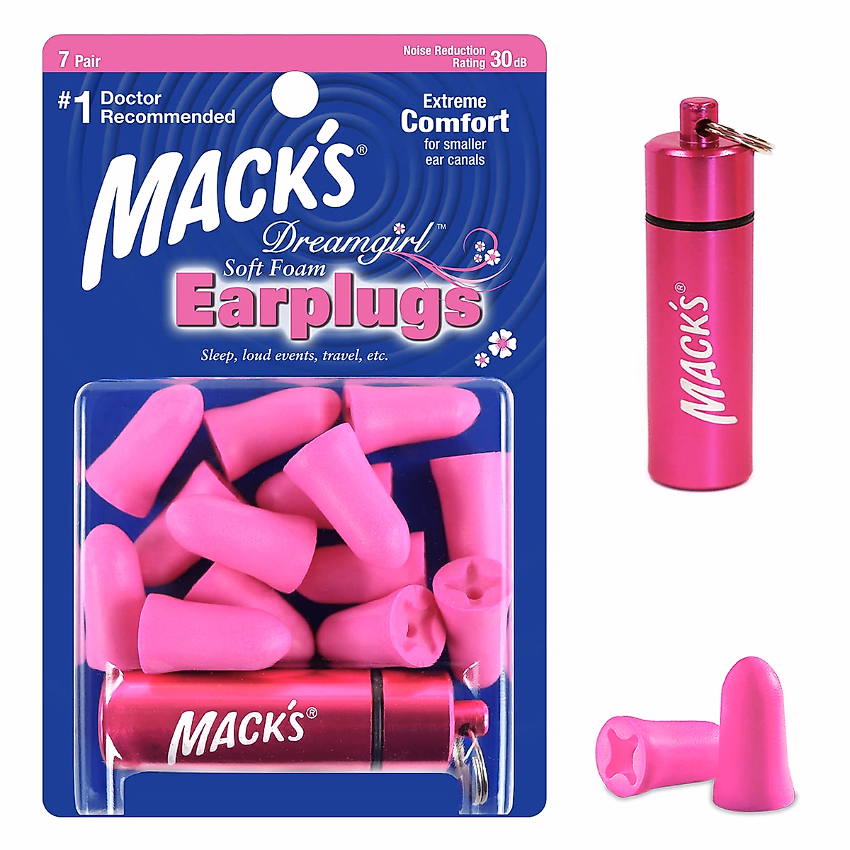 Mack’s Dreamgirl Soft Foam Earplugs, 7 Pair with Travel Case - Small Ear Plugs for Sleeping, Snoring, Studying, Loud Events, Traveling and Concerts