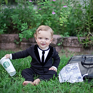 The Tiny Universe Baby Boy Onesie Dress Suit & Tie - Baby Romper, Formal Body Suit, Jumpsuit Gentleman Outfit - Original Swedish Design (All Black, 68 / 6M)
