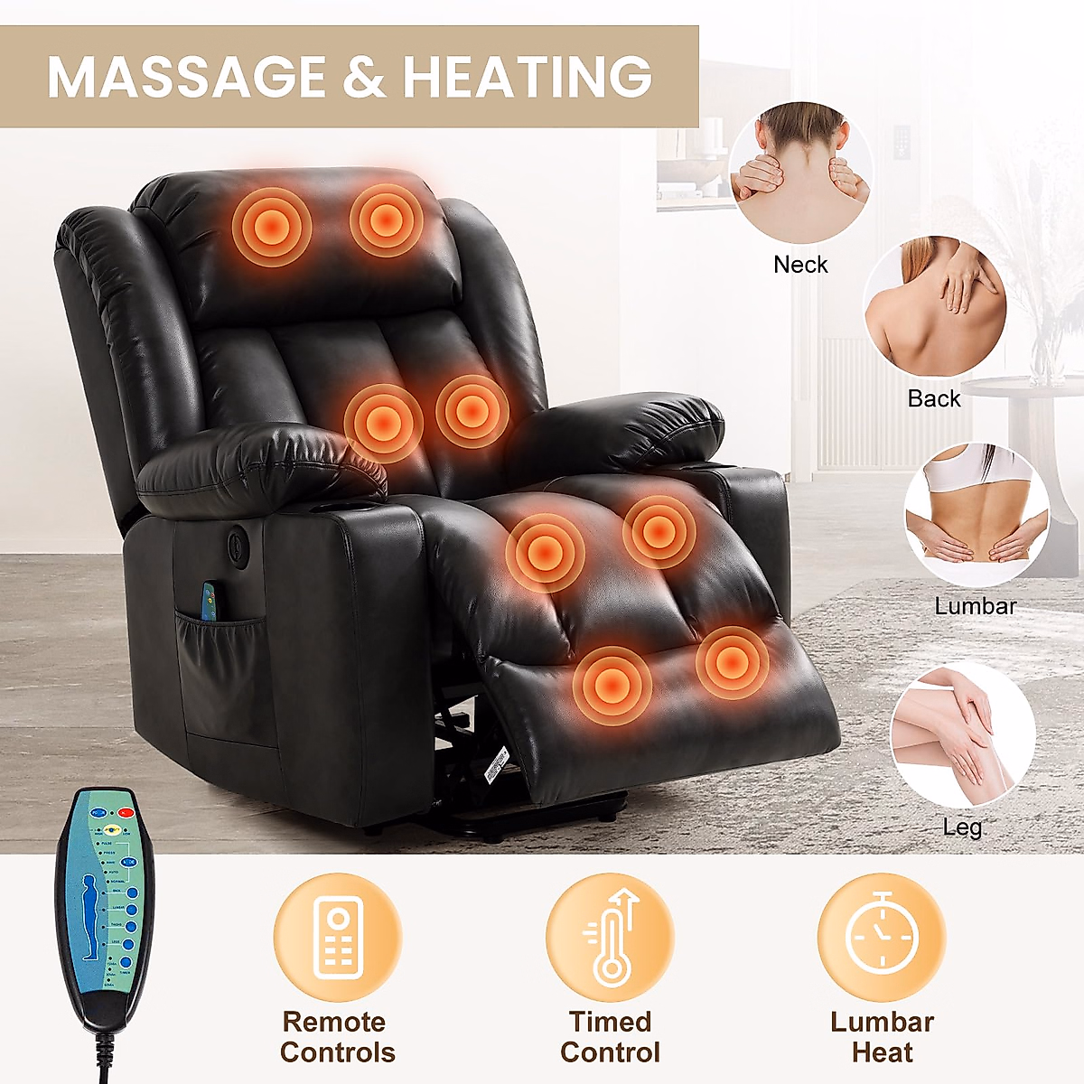 COOSLEEP Power Lift Recliner Chair for Elderly with Massage and Heat, Breathable Leather Recliner Chair for Adults, 2 Cup Holders, USB Ports, Electric Support of Metal,Remote Controls(Black)