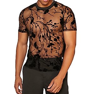 WDIRARA Men's Floral Print See Through Round Neck Short Sleeve Mesh Tshirt Party Top Black XL