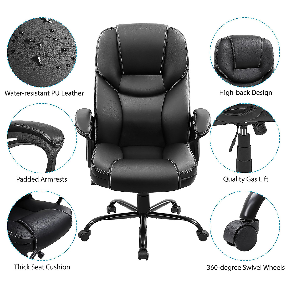 Yaheetech High Back Executive Chair Faux Leather Managerial Chair Big and Tall Task Chair Computer Meeting Chair Large Seat Swivel Chair, Sturdy Metal Base, Black