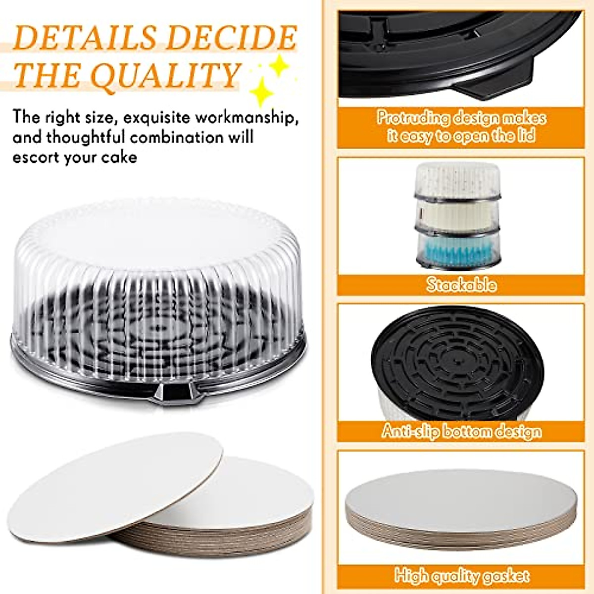 Tessco 10 Pieces 10-11 Inch Plastic Cake Containers with Lids and Thickened Cake Boards Round Cake Carriers Disposable Cake Holder with Lid Clear Cake Transport Container Clear Cake Box