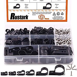 Rustark 135 Pcs 6 Size Black Nylon R-Type Cable Clamp Clips Fasteners Assortment kit with Mounting Screw and 135 Pcs Screws Organizer Cord Clips for Wire Management