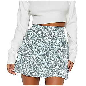 Bravetoshop Women's Boho Floral Print Elastic High Waisted Pleated A Line Mini Skirt E Girl Streetwear (Blue,XL)