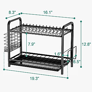 GSlife Dish Drying Rack, 2 Tier Rust-Resistant Dish Rack with Drainboard Compact Dish Drainer with Utensil Holder, Cutting Board Holder for Kitchen Counter, Black