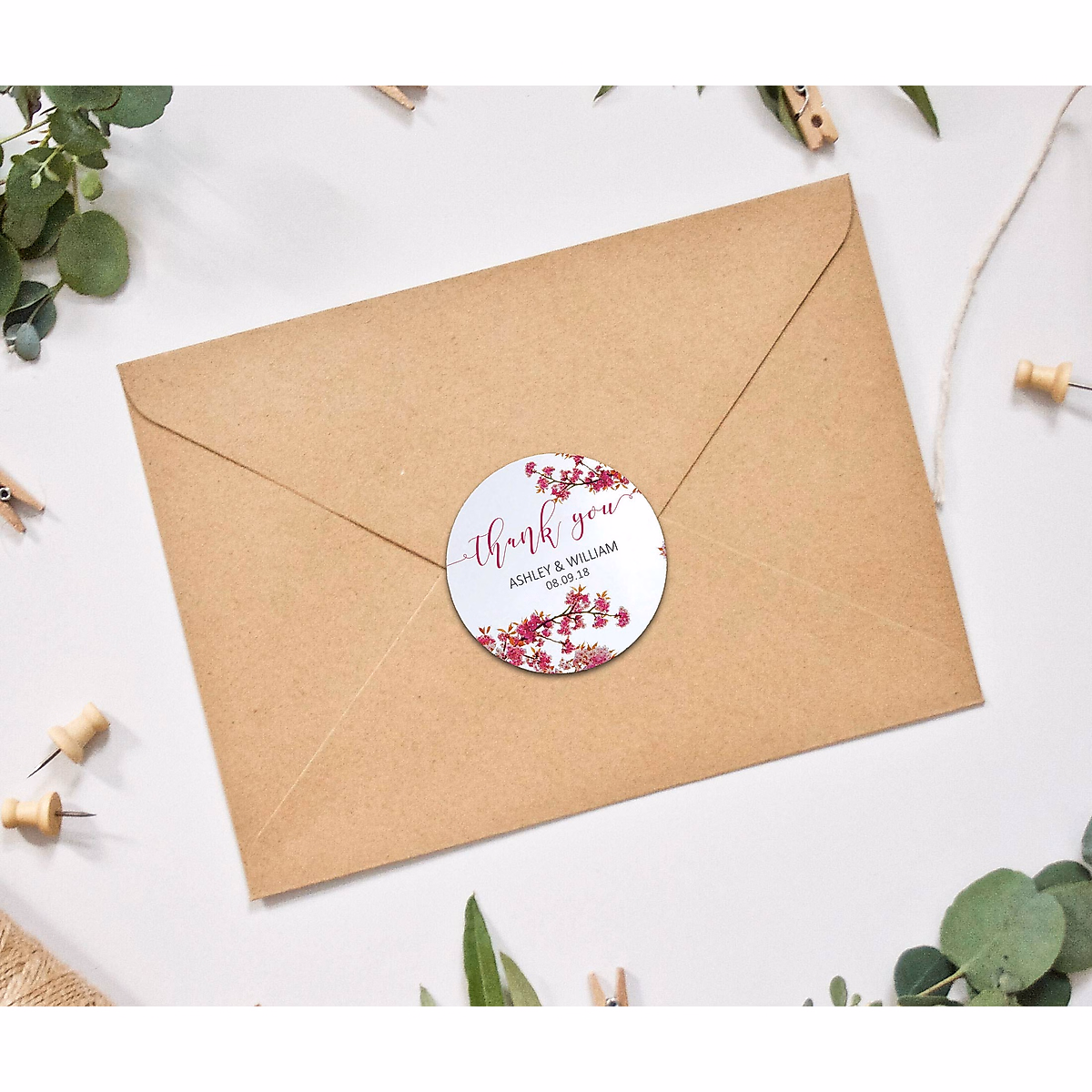 Darling Souvenir Round Cherry Blossom Thank You Stickers Personalized Bride Groom Names and Date Envelope Seals-45 Pcs