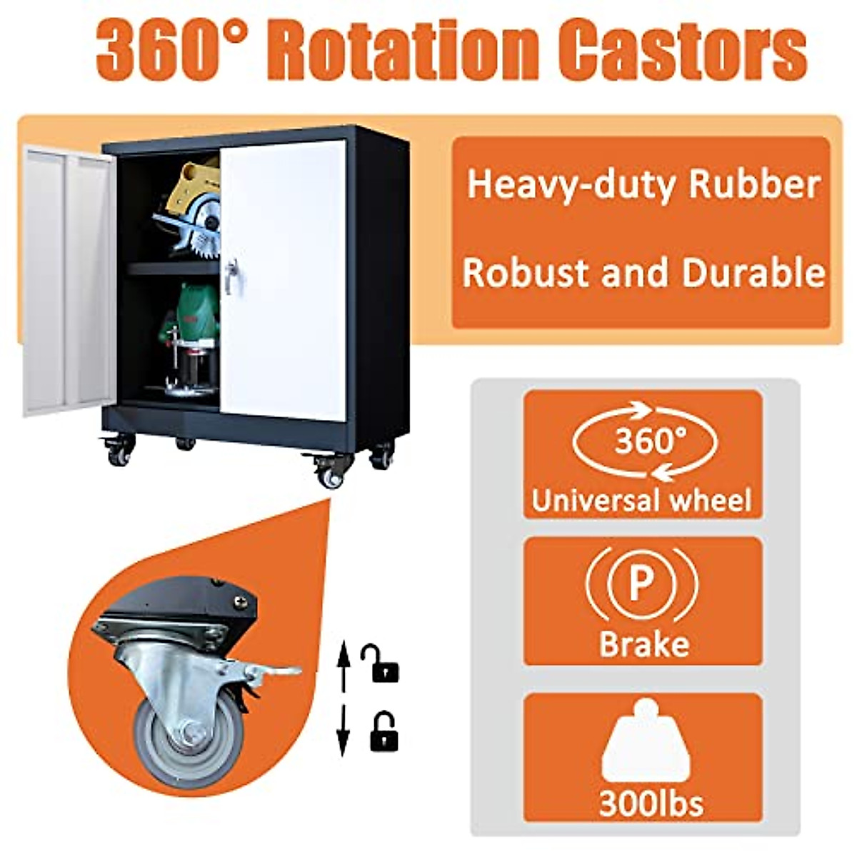 Metal Garage Storage Cabinet with Wheels,Adjustable Shelves with Doors and Lock,Sturdy and Durable Heavy Duty Utility Storage Cabinet for Office/Garage/Kitchen/Pantry Organizer Storage Cabinet/White