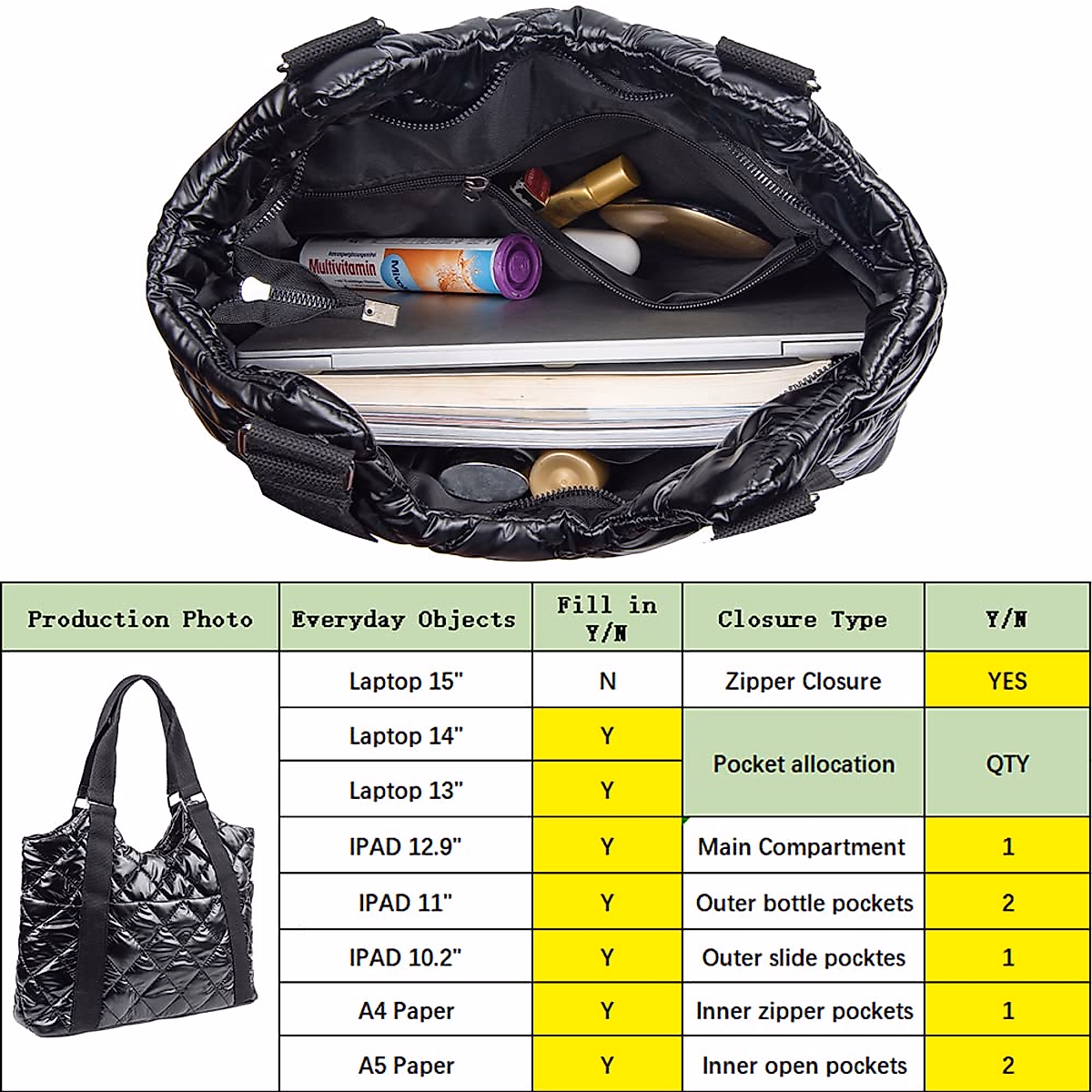 big Quilted Padding Tote Handbags Women Lightweight Padded Nylon Large Puffy Puffer purse Bag Multi Pockets shoulder bag